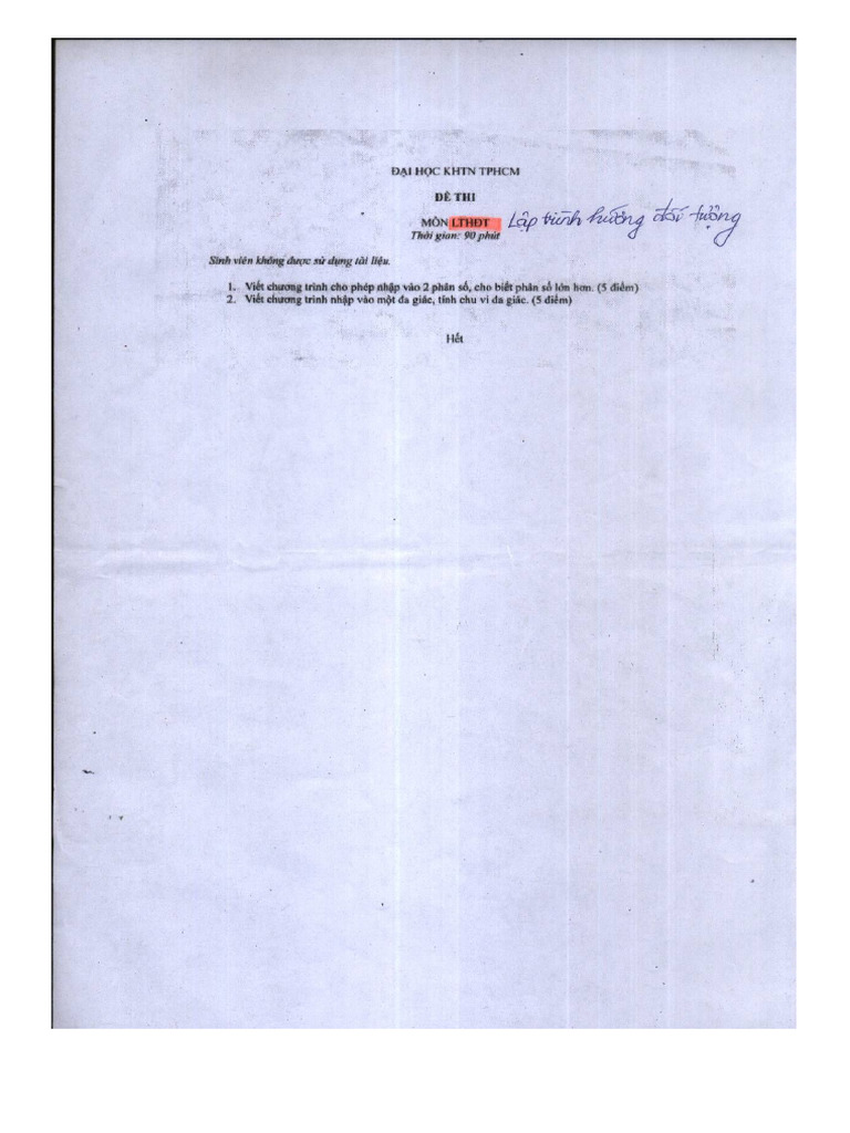 De Thi - Lap Trinh Huong Doi Tuong | PDF