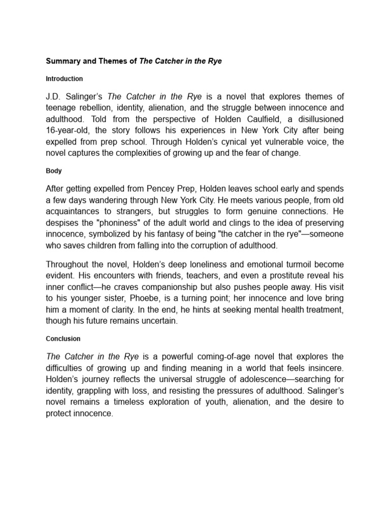 Summary and Themes of The Catcher in The Rye | PDF