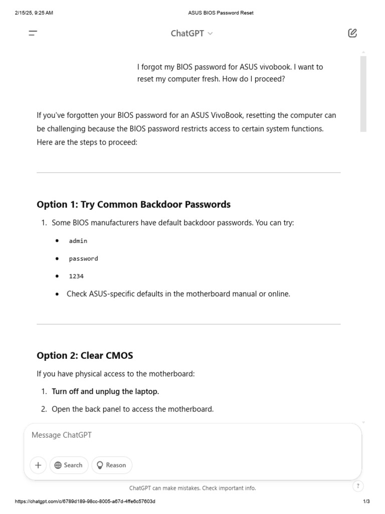 ASUS BIOS Password Reset | PDF