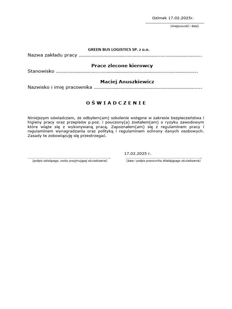 Oświadczenie BHP | PDF