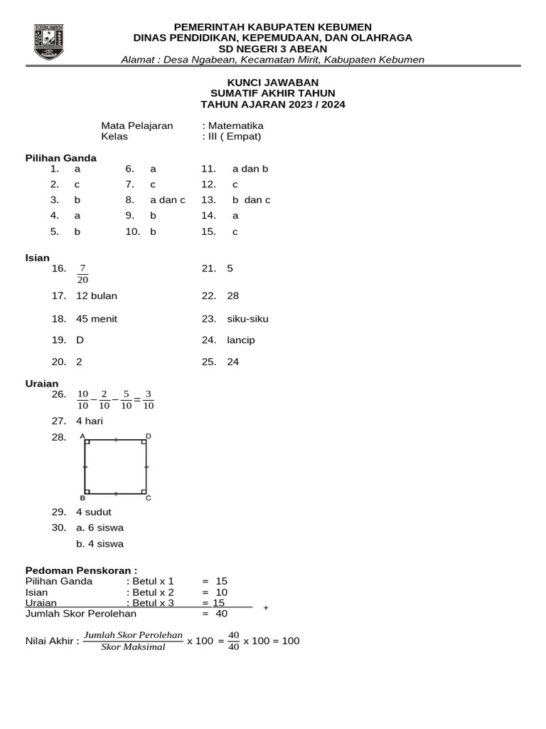Kunci Jawaban SAT K13 Kelas III MAPEL MATEMATIKA | PDF