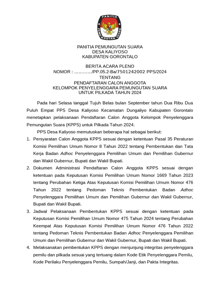 0 Berita Acara PPS Pendaftaran KPPS | PDF