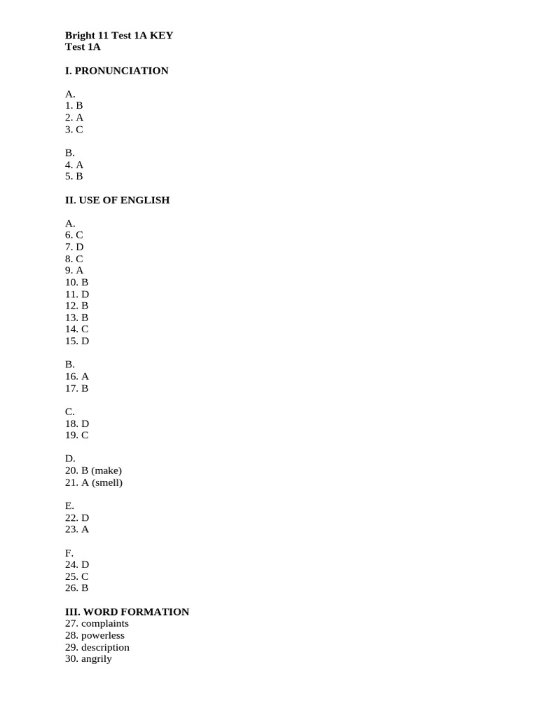 Bright 11 Test 1A Answer Key (18!1!2023) | PDF