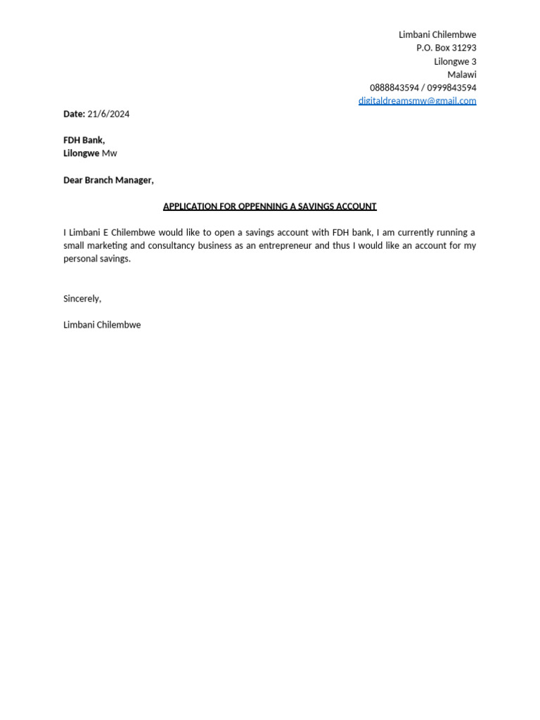 Savings Account Application Letter | PDF