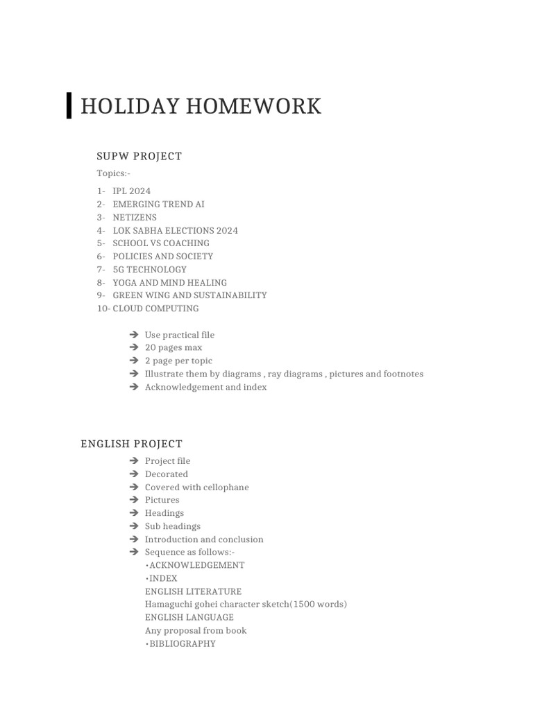 Holiday Homework | PDF
