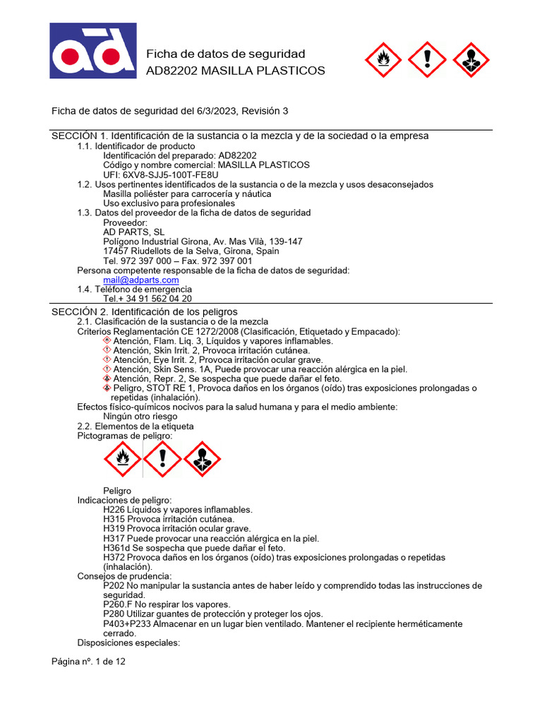 Ficha de Seguridad Masilla Plásticos AD82202 | PDF | Agua