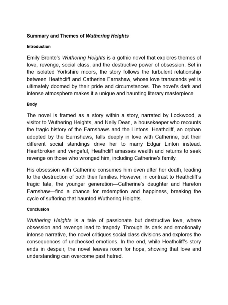 Summary and Themes of Wuthering Heights | PDF
