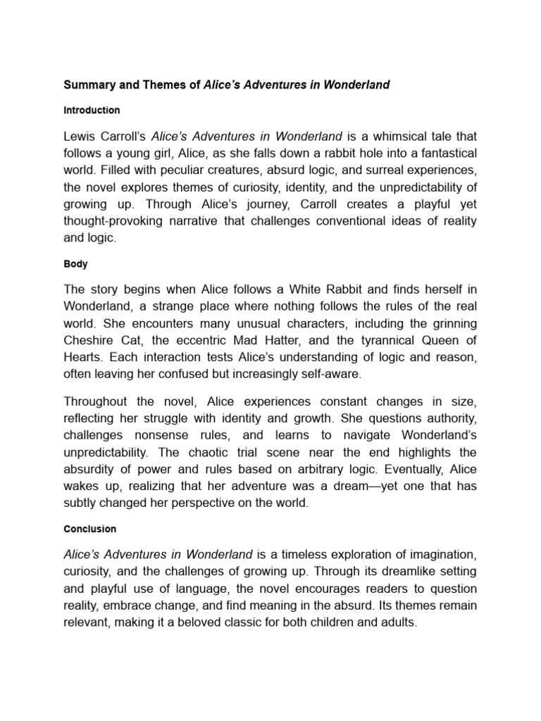 Summary and Themes of Alice’s Adventures in Wonderland | PDF