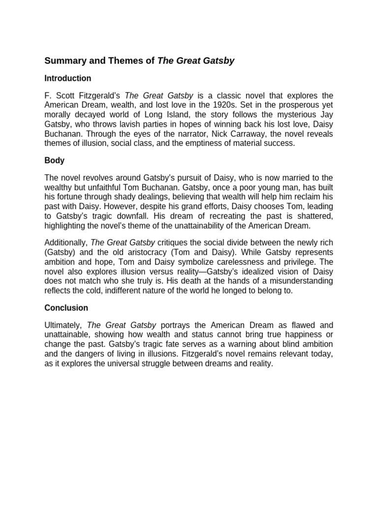 Summary and Themes of The Great Gatsby | PDF