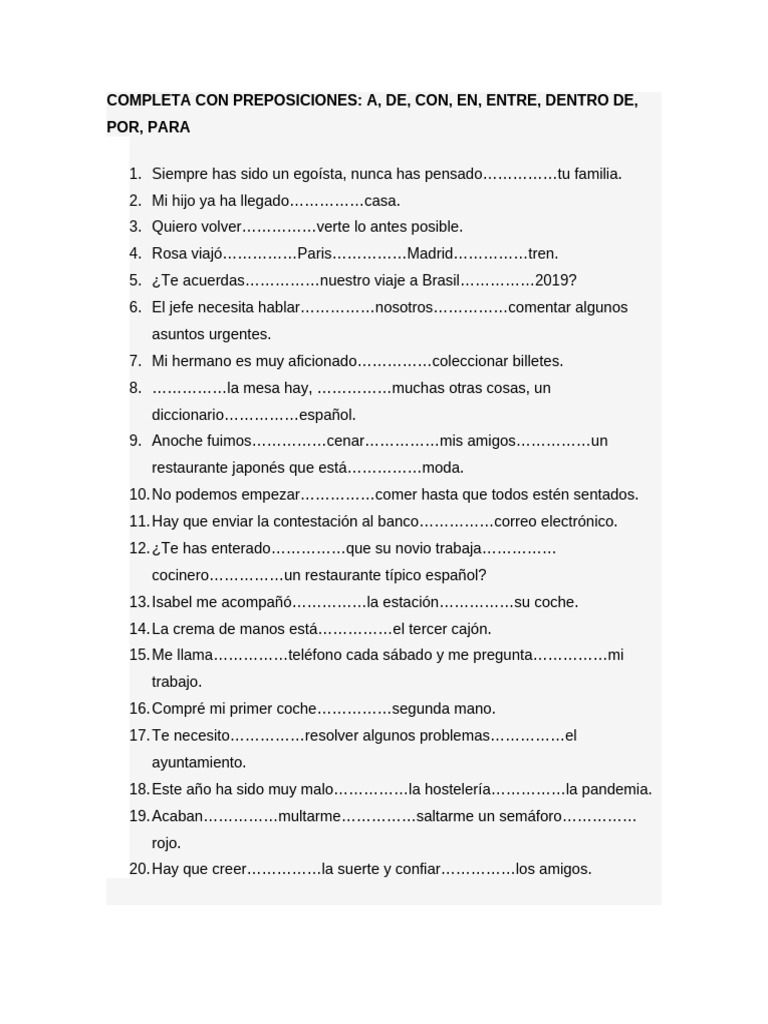 Ejercicios de Preposiciones en Español | PDF