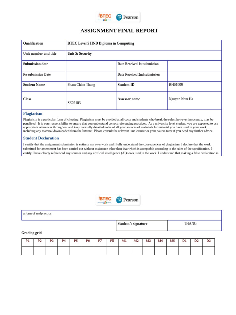 BTEC Level 5 Unit 5 Security Report | PDF