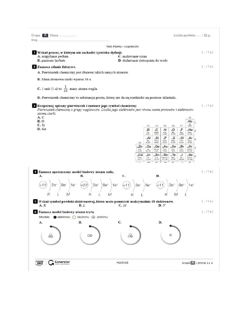 Atom I Czasteczka Sprawdzian | PDF