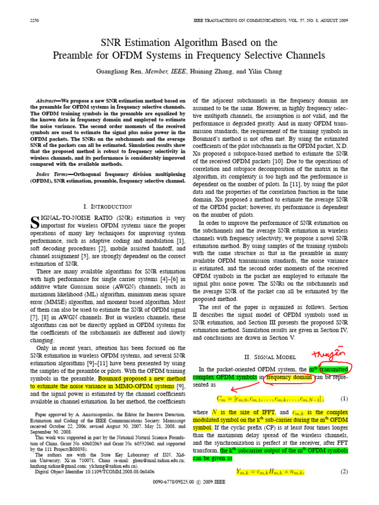 SNR Estimation Algorithm Based On The Preamble For OFDM Systems | PDF | Orthogonal Frequency ...