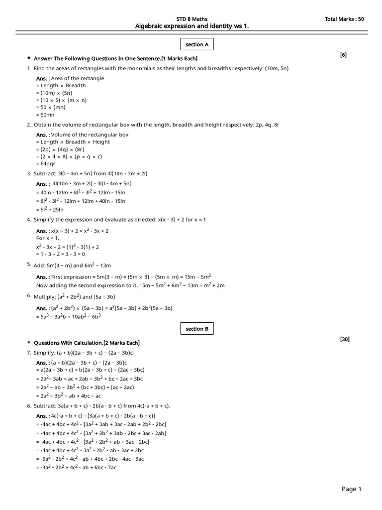 Algebraic Expression and Identity Ws 1. - Solution | PDF | Length ...