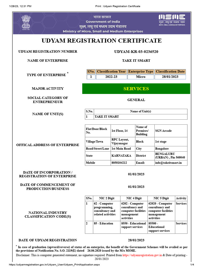 Udyam Registration Certificate for Take It Smart | PDF | Bangalore