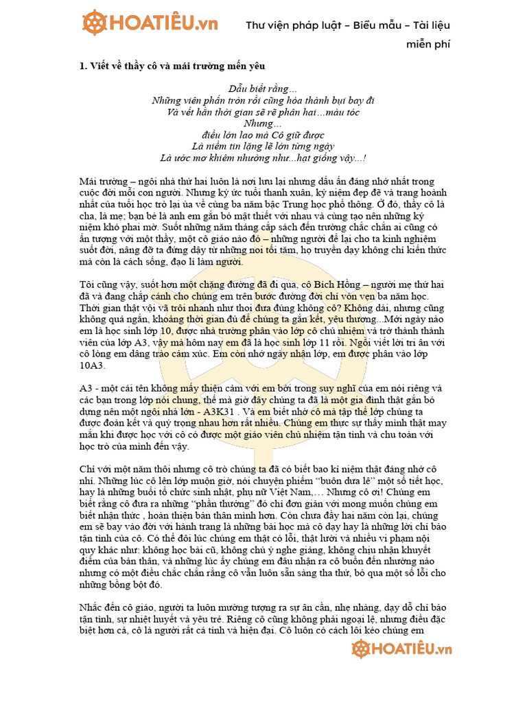 Bai Du Thi Viet Ve Nhung Ky Niem Sau Sac Ve Thay Co Va Mai Truong | PDF