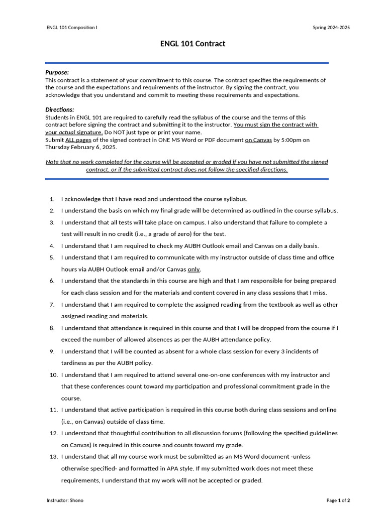 ENGL 101 Contract Spring 2024-2025-1 | PDF | Academic Dishonesty