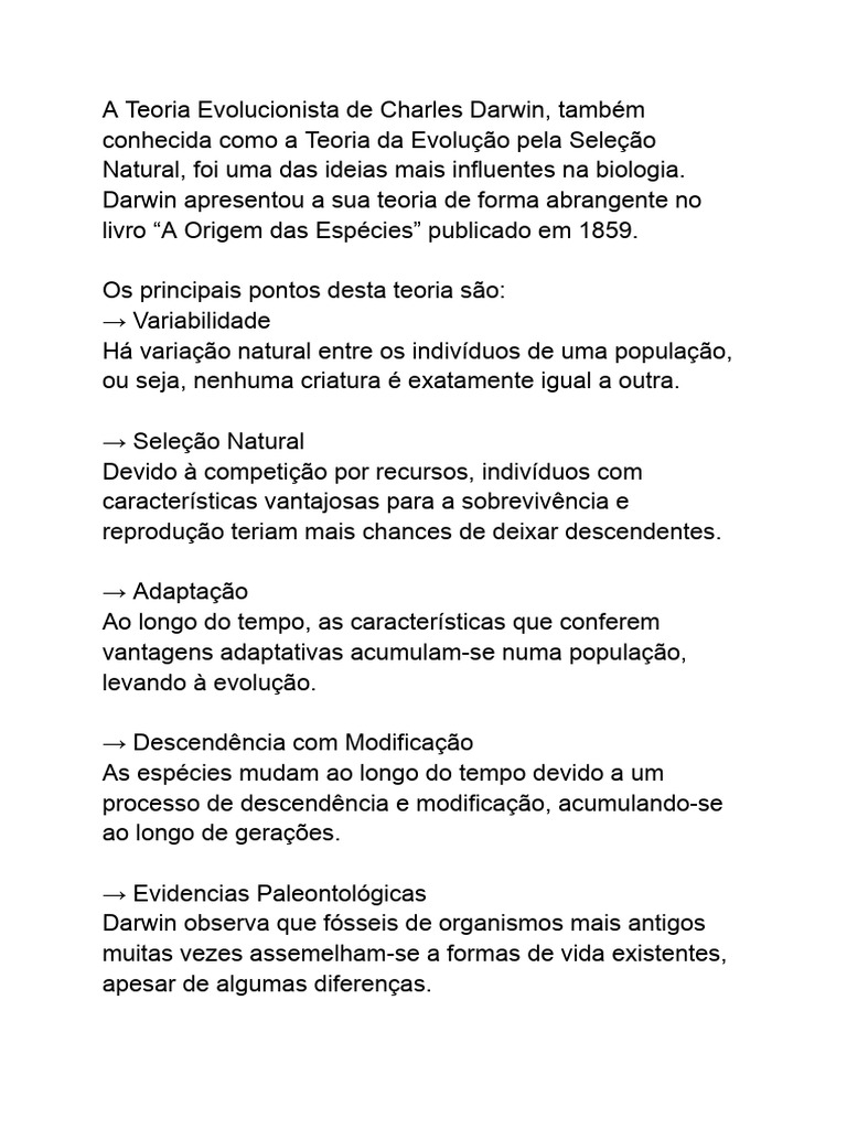 Teoria da Evolução de Darwin Explicada | PDF