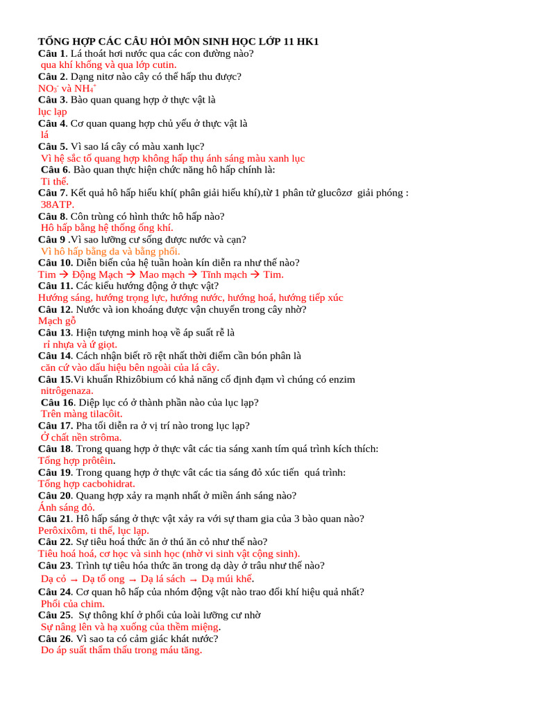 TỔNG HỢP CÁC CÂU HỎI MÔN SINH HỌC LỚP 11 HK1 | PDF