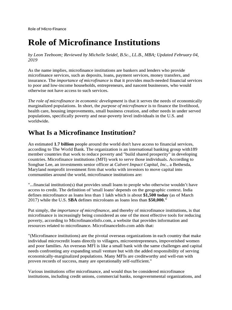 Role of Micro Finance | PDF | Microfinance | Microcredit