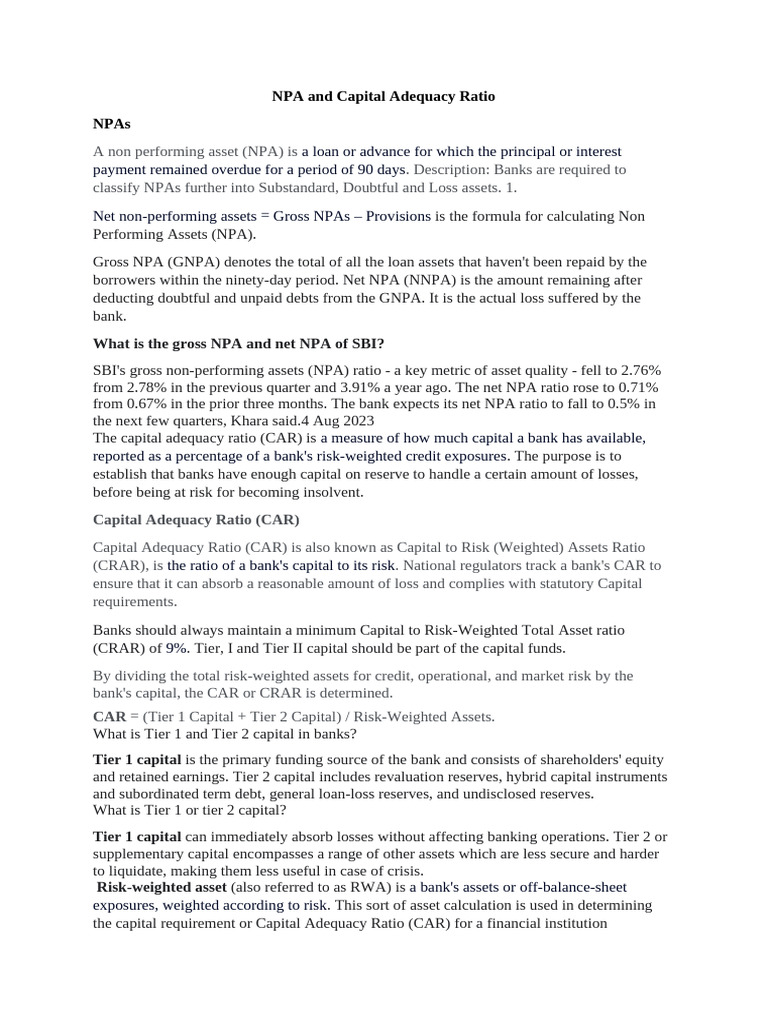 NPAs and Capital Adequacy Ratio | PDF | Capital Requirement | Tier 1 Capital