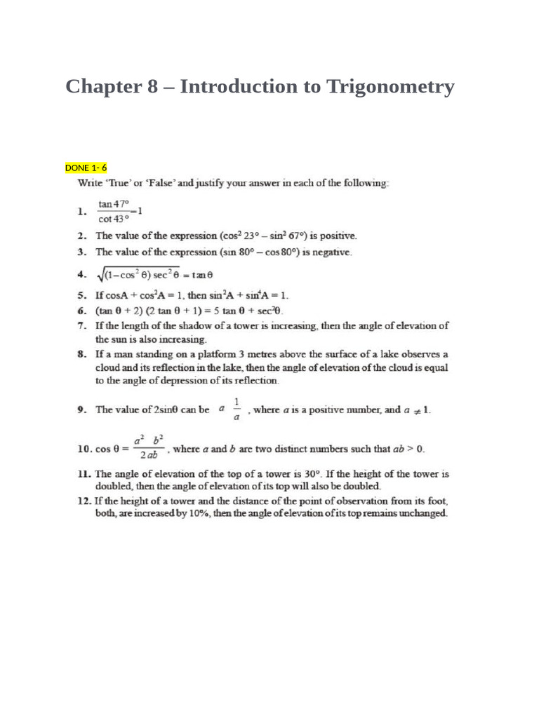 CH 8 Intro To Trig IMP Ques - Byju | PDF