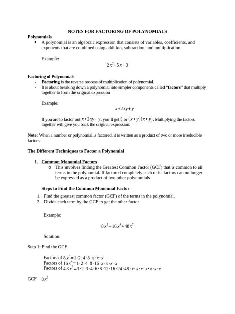 Notes For Factoring of Polynomials | PDF | Factorization | Polynomial