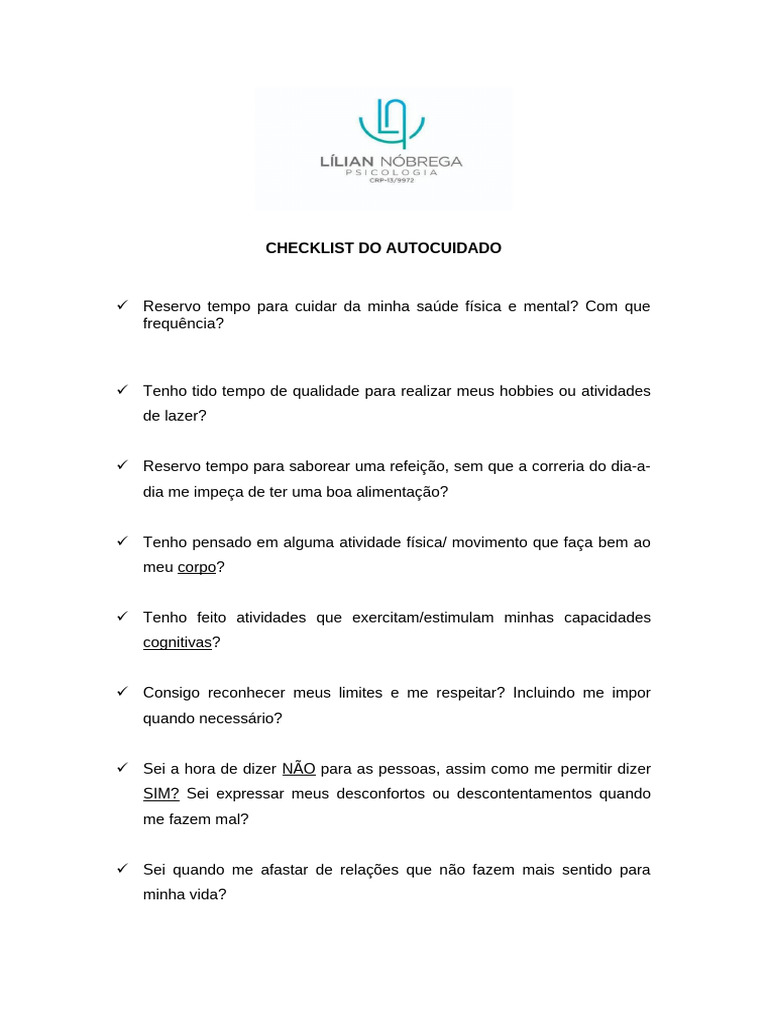 Checklist Do Autocuidado | PDF