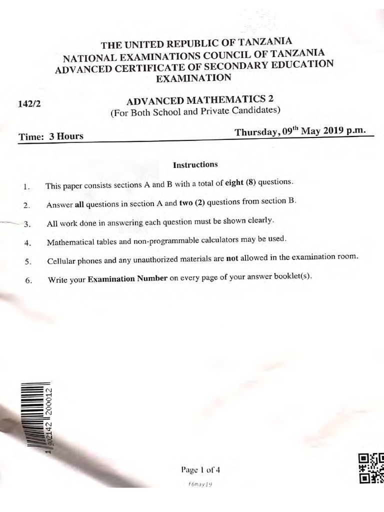 Advanced Math 2 - F6 - 2019 | PDF