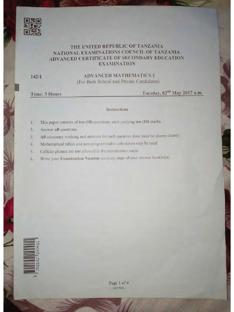 Advanced Math 1 - F6 - 2017 | PDF