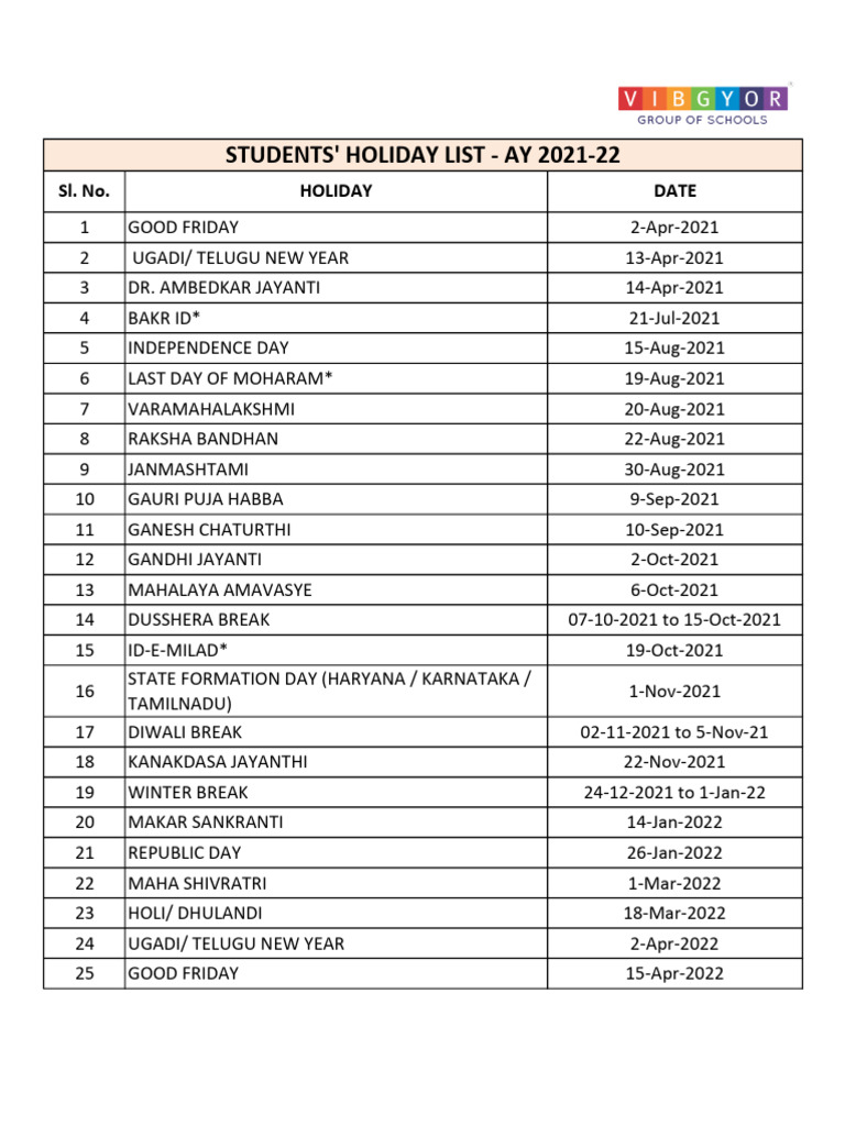 Student Holiday List Ay 2021 22 | PDF