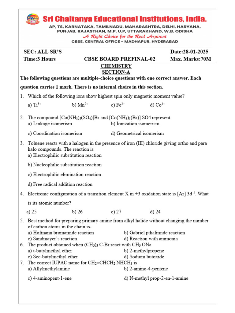 CBSE ALL SR'S PREFINAL-2 CHEMISTRY QP 28-01-2025 (1) | PDF | Chemical Reactions | Ether