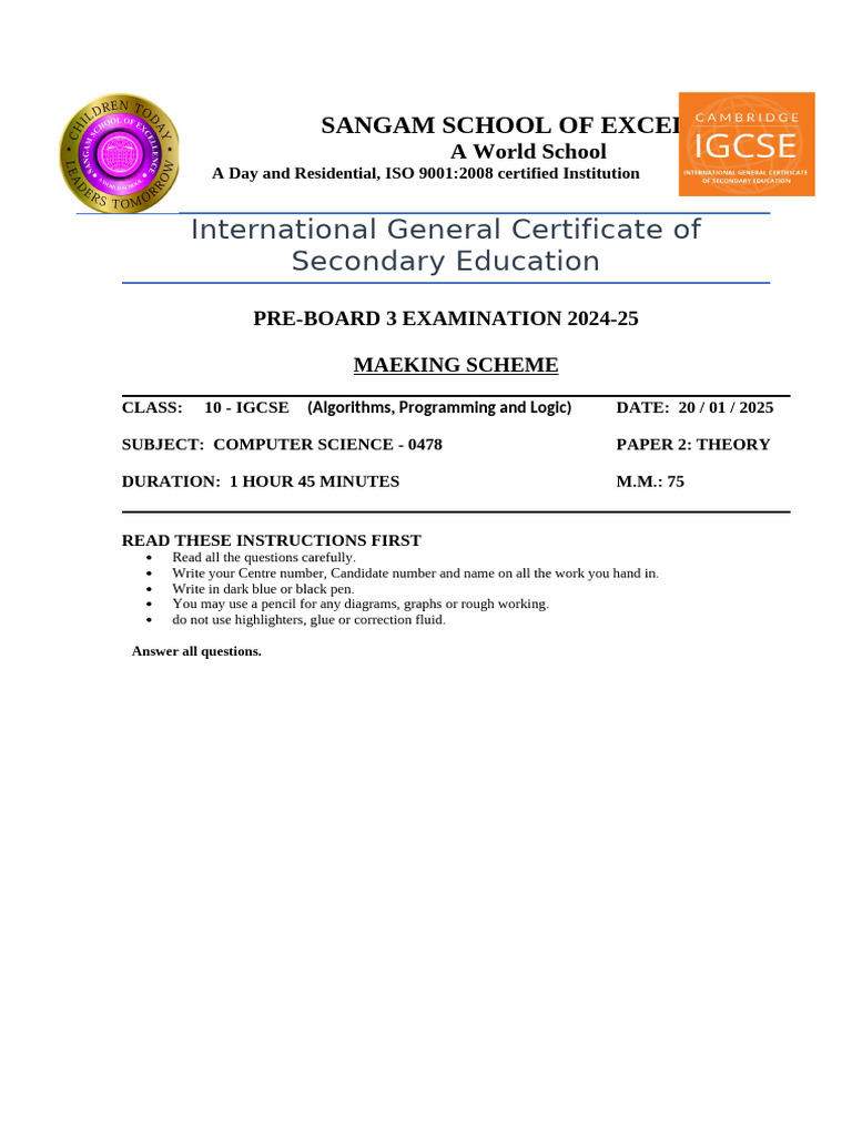 10 Igcse CS Paper 2 MS Pre Board 3 Exam 2024-25 | PDF | Applied ...