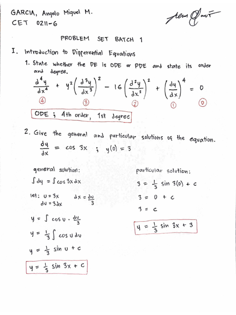 Diff. Eqn. - Angelo Miguel M. Garcia - Problem Set Batch 1 | PDF