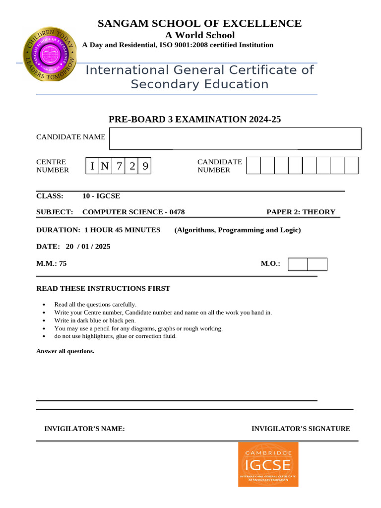 10 Igcse CS Paper 2 QP Pre Board 3 Exam 2024-25 | PDF | Algorithms ...