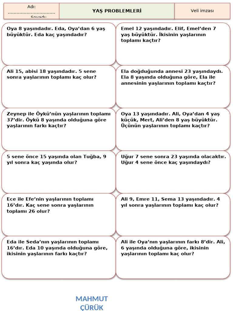 2 - Sinif Yas Problemleri Etkinligi | PDF