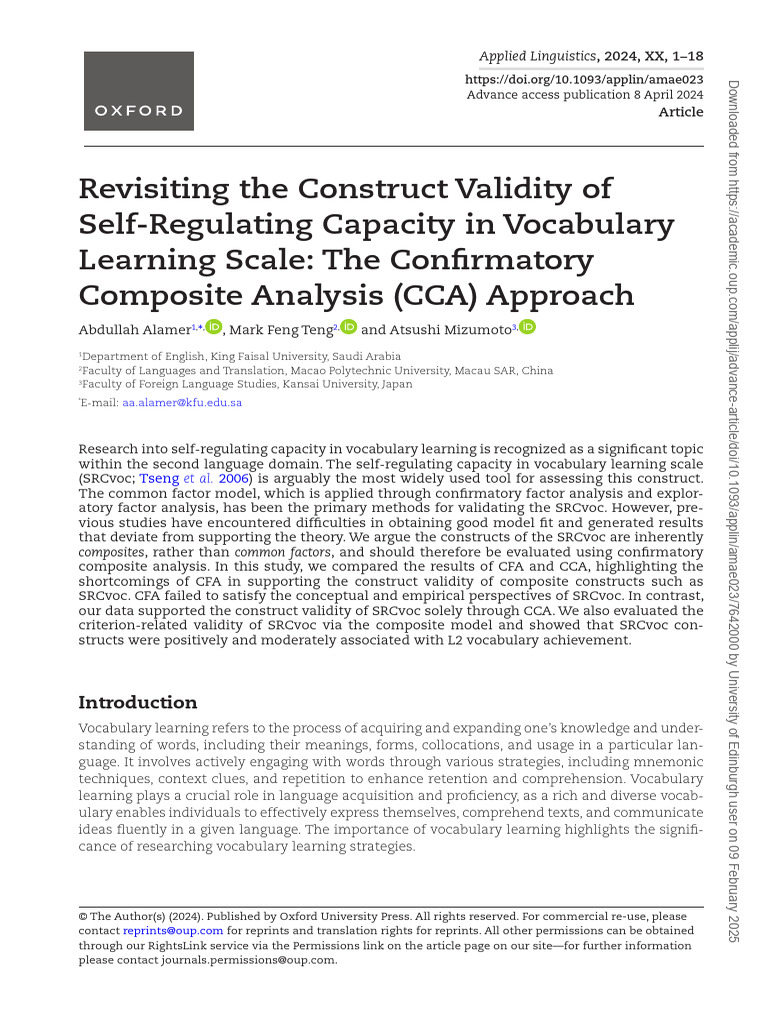 Revisiting The Construct Validity of Self-Regulating Capacity in Vocabulary Learning Scale: The ...