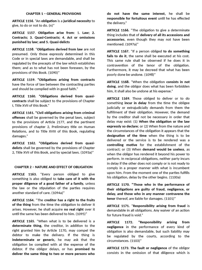 (Oblicon) Provisions Summary | PDF | Common Law | Private Law