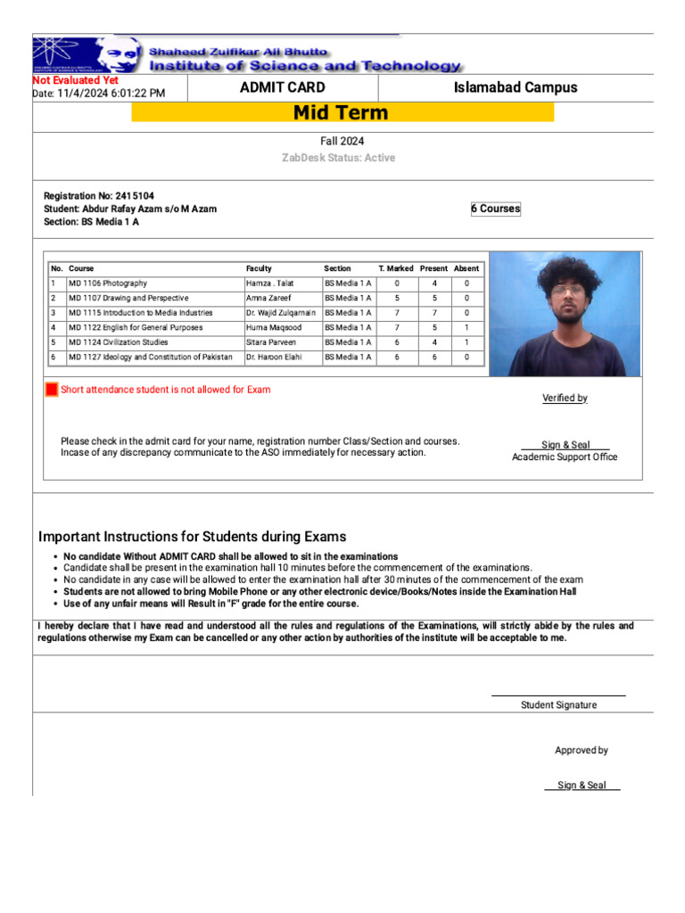 SZABIST Admit Card Fall2024 | PDF