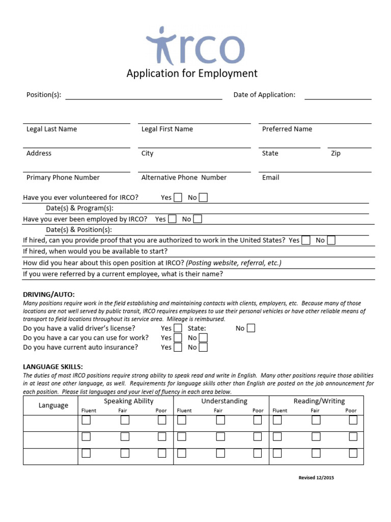IRCO Employment Application 2018 | PDF | Fluency | Employment