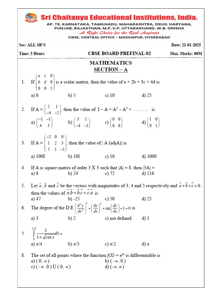 Cbse All Sr's Prefinal-2 Maths QP 21-01-2025 | PDF | Area | Equations