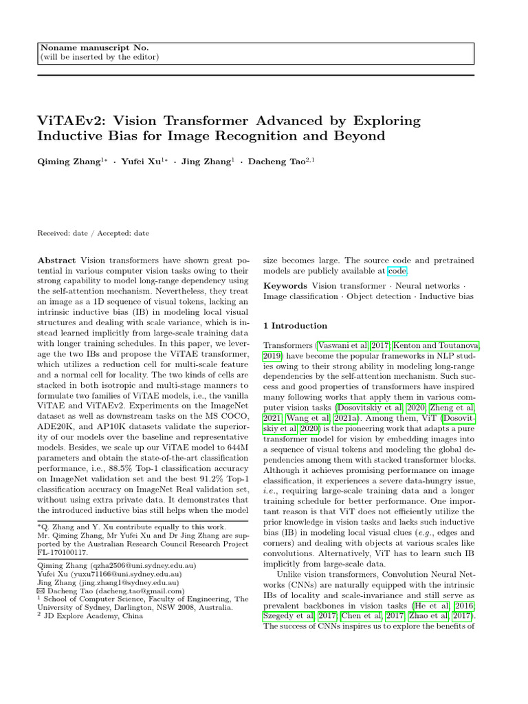 2022_ViTAEv2_Zhang et al_arXiv | PDF | Computer Vision | Cognitive Science