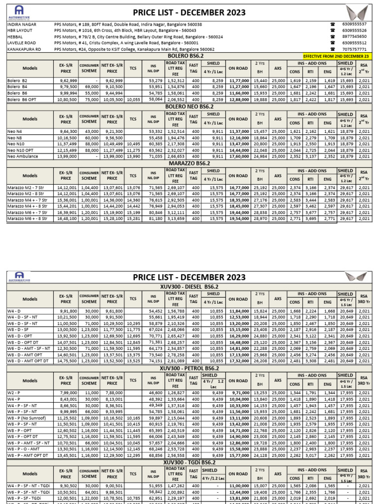 December 2023 Vehicle Price List | PDF | Business | Transport