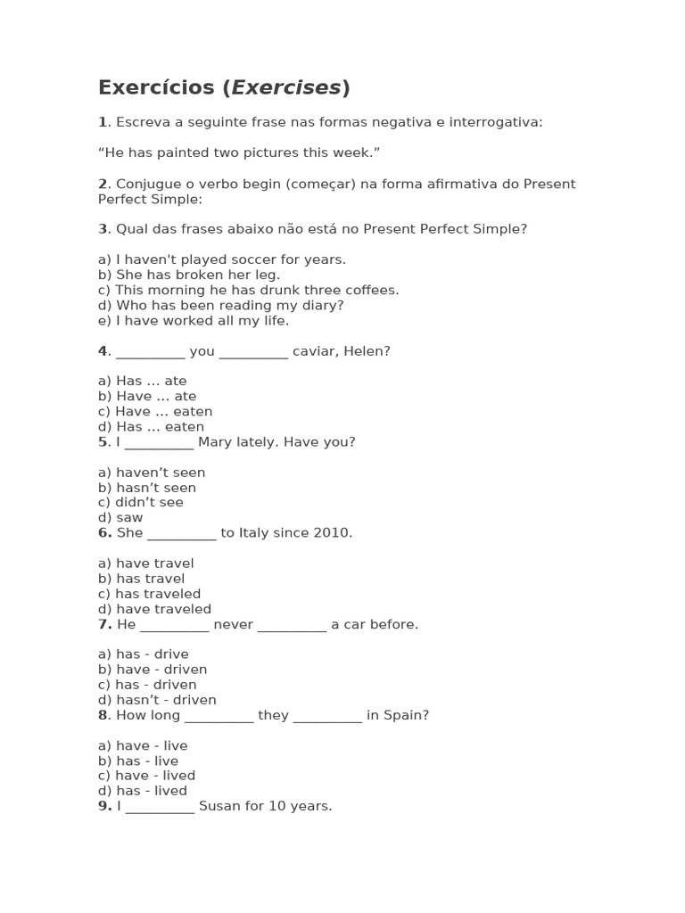 Exercícios PRESENT PERFECT | PDF