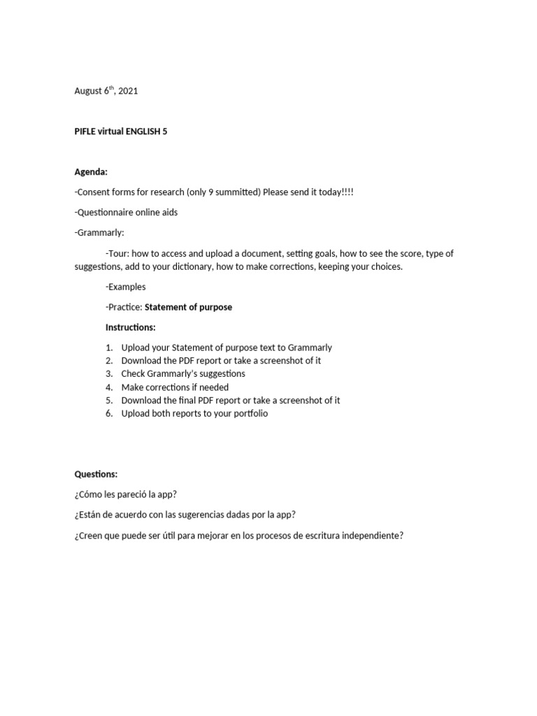 Lesson Plan August 6th Pifle 5 | PDF