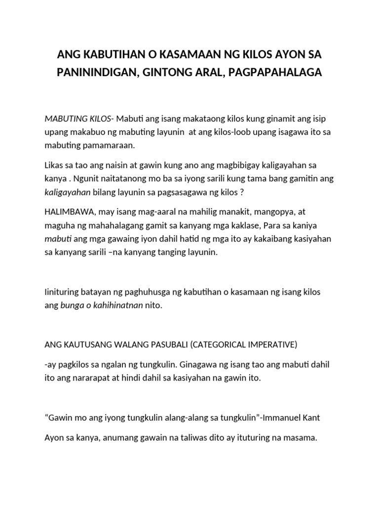Ang Kabutihan o Kasamaan NG Kilos Ayon Sa Paninindigan | PDF