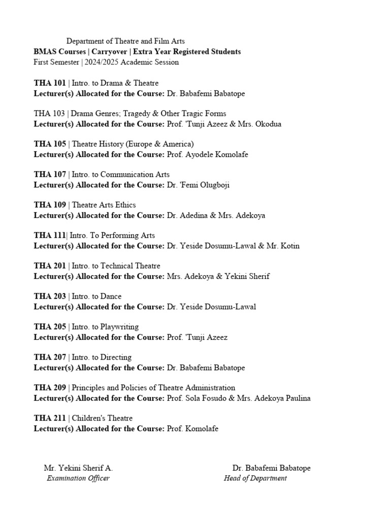 01_Lecturer Allocation for BMAS Carryover Courses | PDF