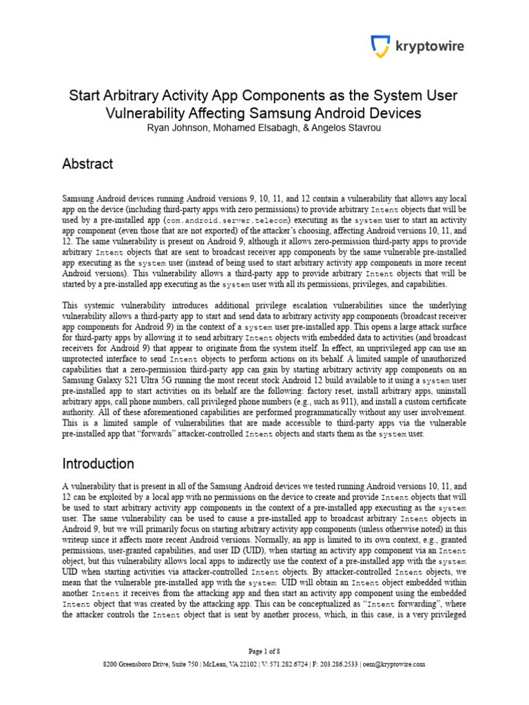 AS 22 Johnson Start Arbitrary Activity App Components As The System User Vulnerability Affecting ...