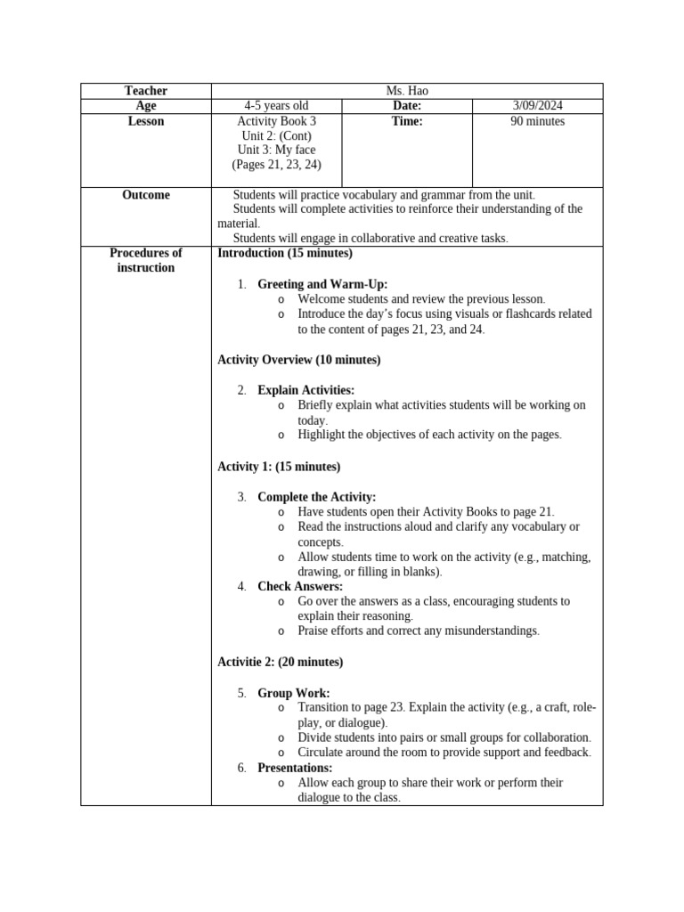 Lesson Plan Activity Book 3 Page 21,23,24 | PDF | Teaching | Cognitive ...
