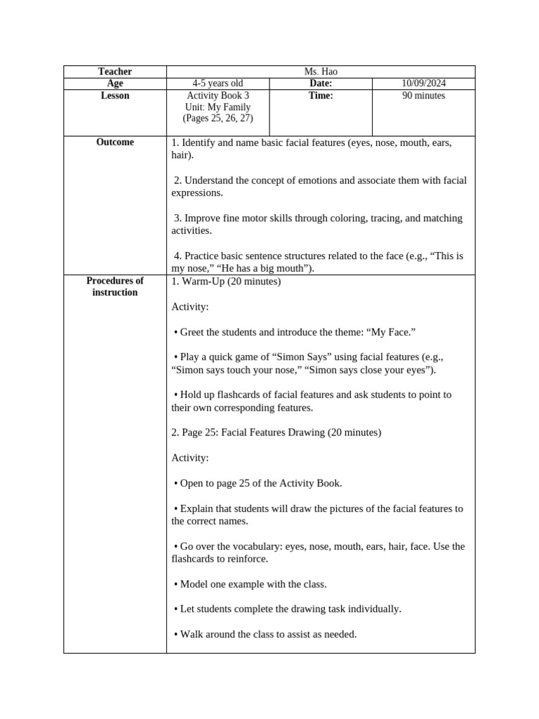 Lesson Plan Activity Book 3 Page 25, 26, 27. | PDF | Face | Facial ...